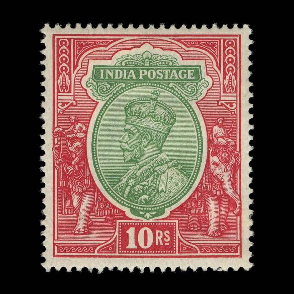 TUT5011 - India - KGV Wmk Star 10r Green & Scarlet FM O G