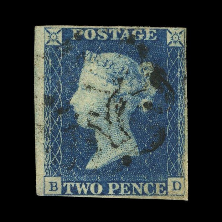 TUT5163 - GB - QV line engraved - 1840 2d Blue Plate 1 Four Margins FU MX