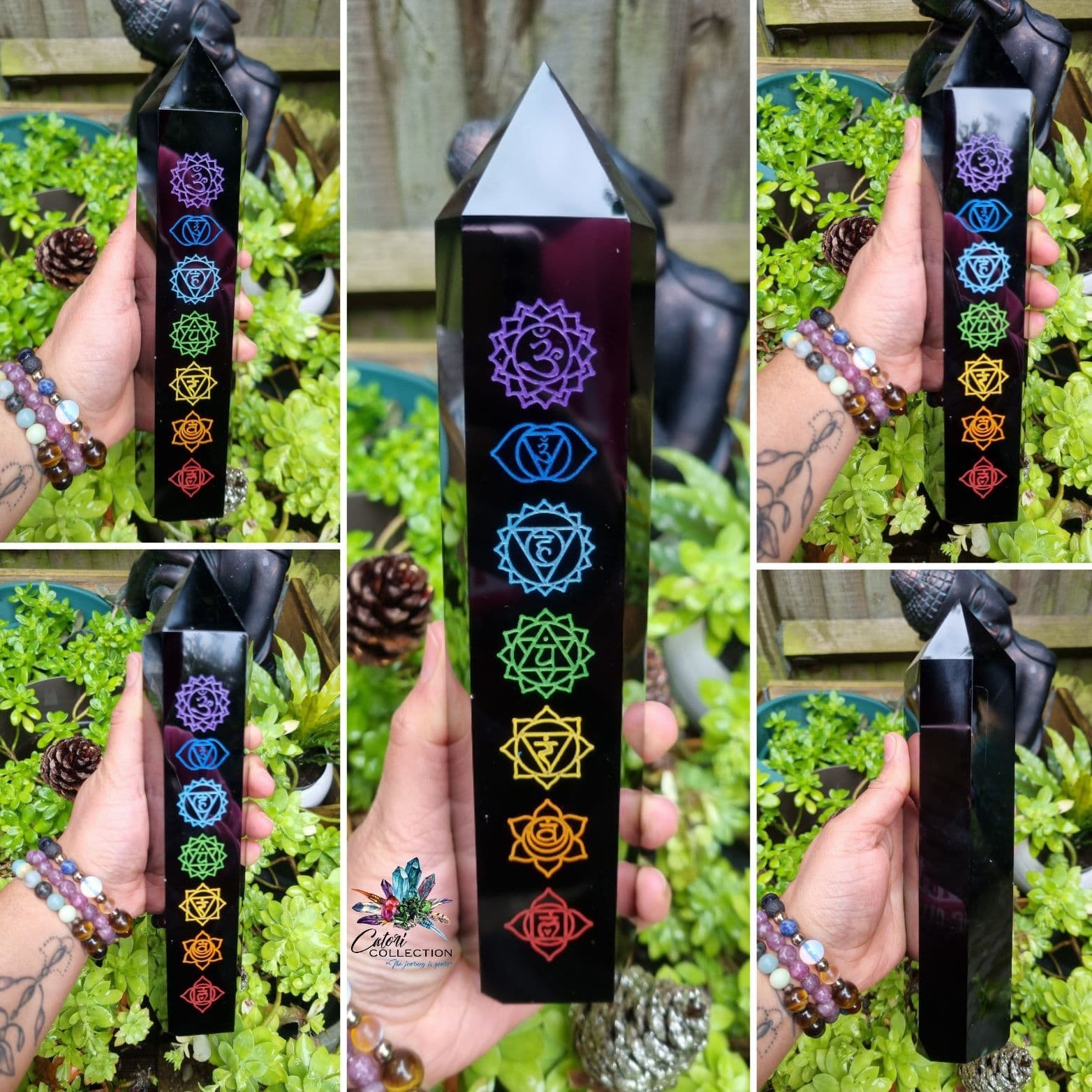 Large Black Obsidian Towers with Rainbow Chakra Symbols