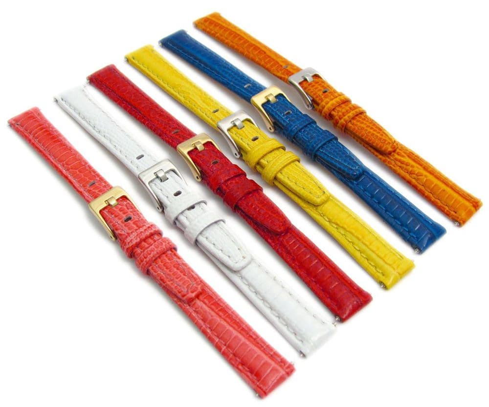Coloured Padded Lizard Grain Leather Watch Strap 12mm 14mm 6 Colours C008