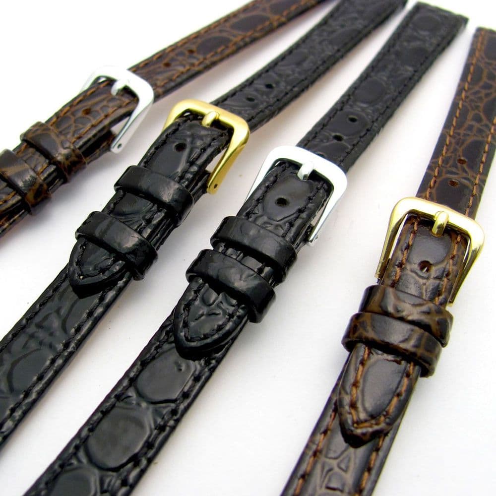 Ladies Replacement Watch Strap Band in Glossy Croc Grain Leather 12mm 14mm