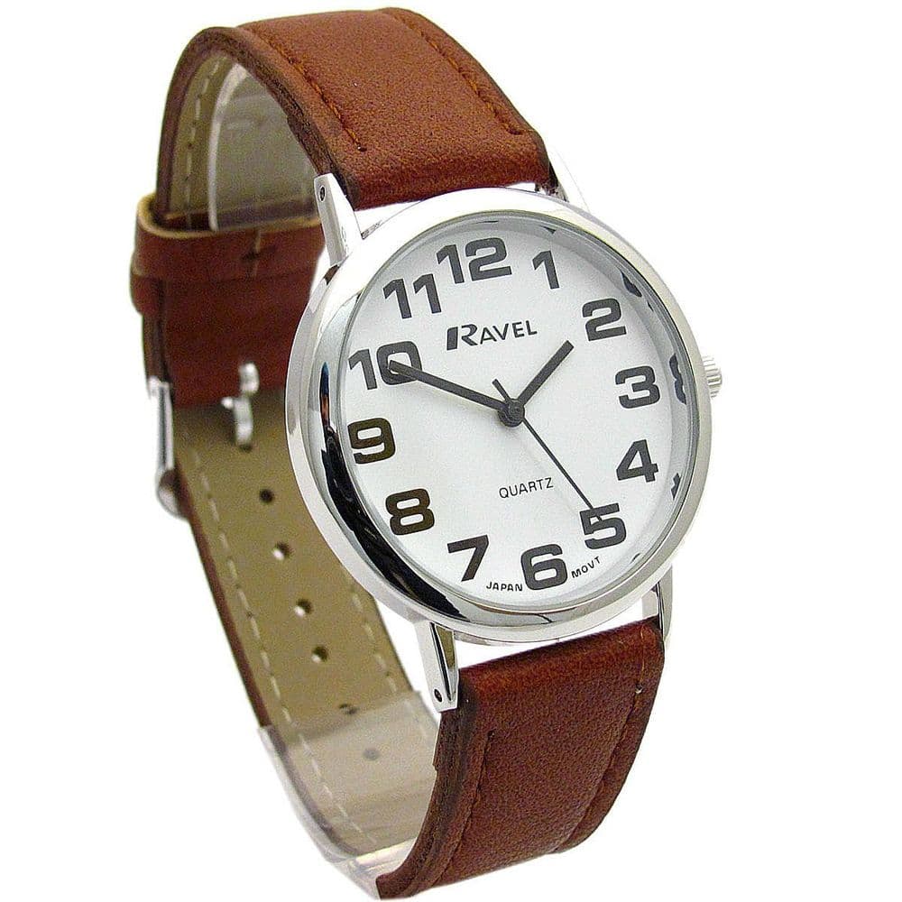 Ravel Mens Super-Clear Easy Read Quartz Watch Brown Strap White Face ...