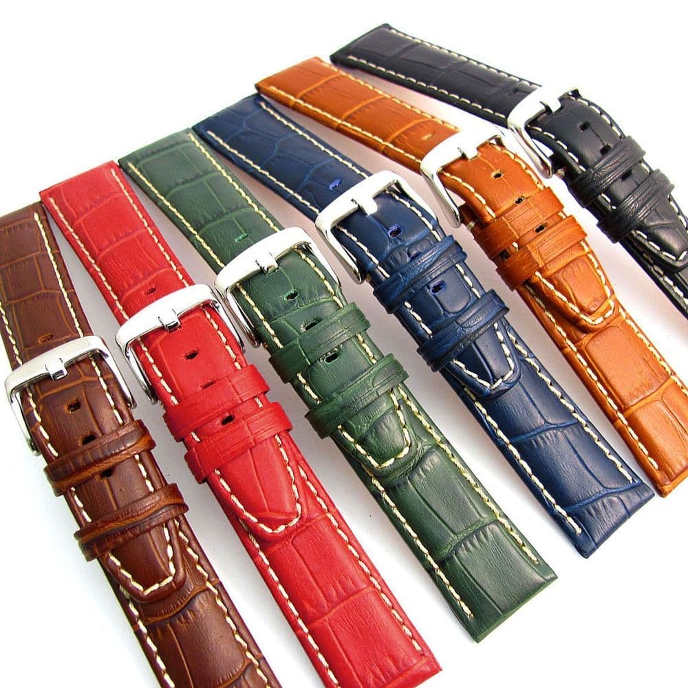 Super Padded Croc Grain Leather Watch Strap Contrast Stitched 6 Colours