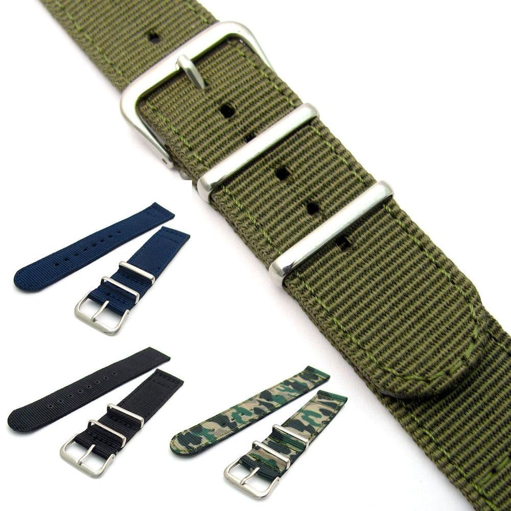 Two-Piece Nylon Webbing Watch Strap Stainless Steel Buckle and Keepers C045
