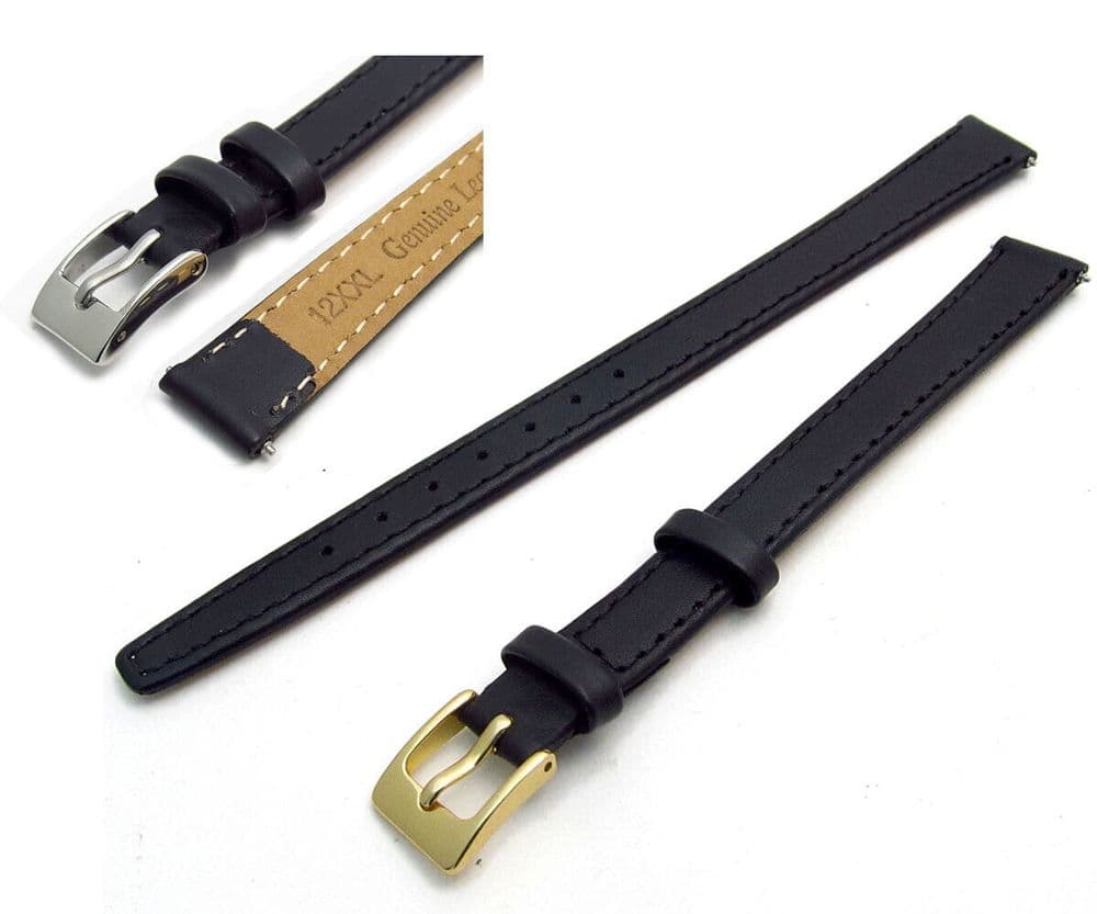 XXL Very Long Black Smooth Stitched Ladies Leather Watch Strap Band C102