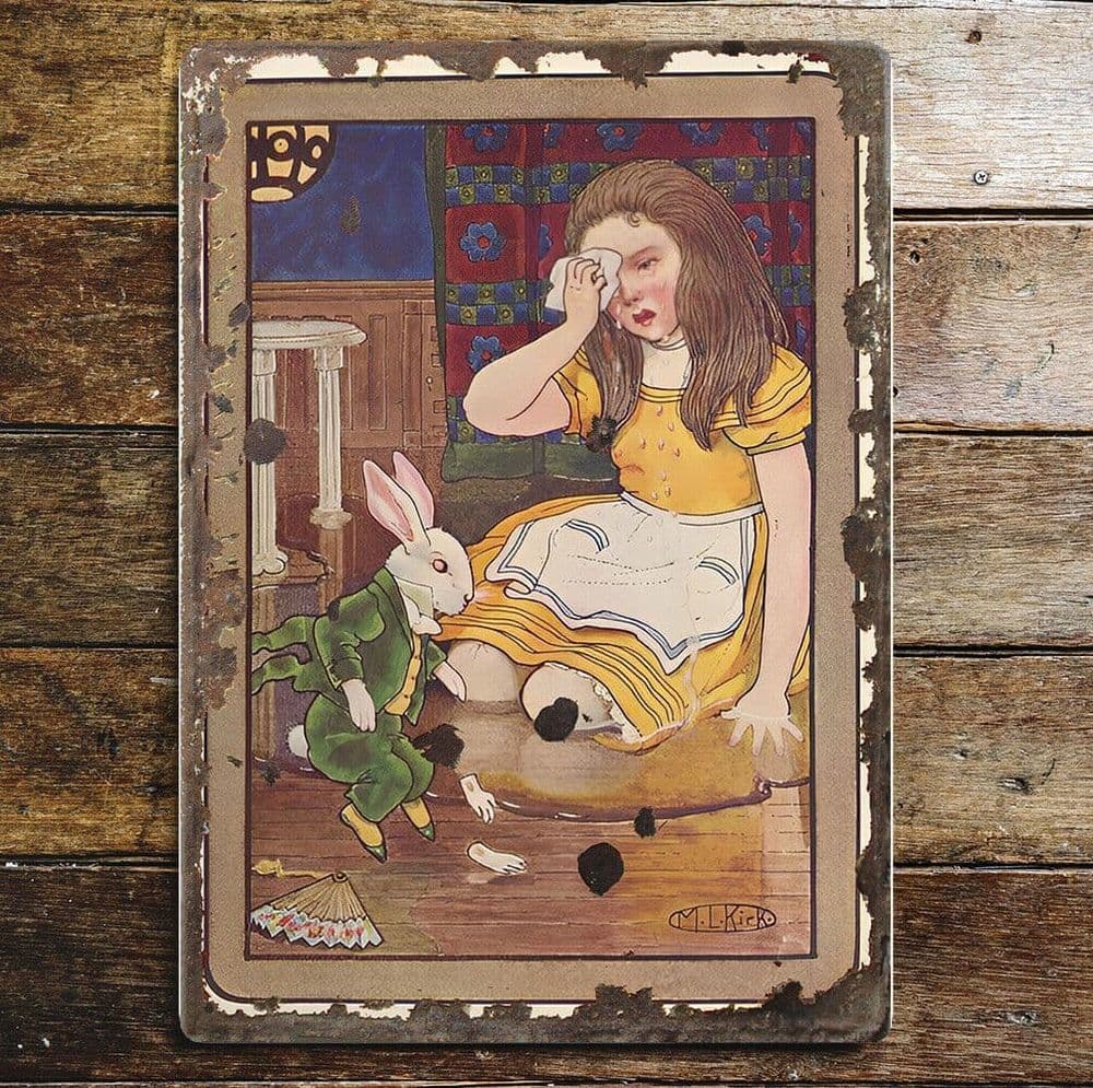 Alice in wonderland Alice crying and the Rabbit Metal Sign