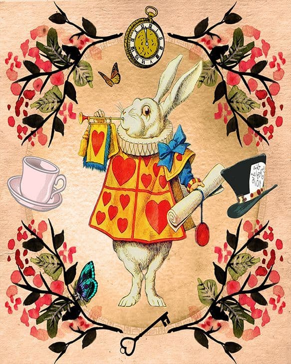 Alice in wonderland White Rabbit with flowers - Metal Advertising Wall Sign