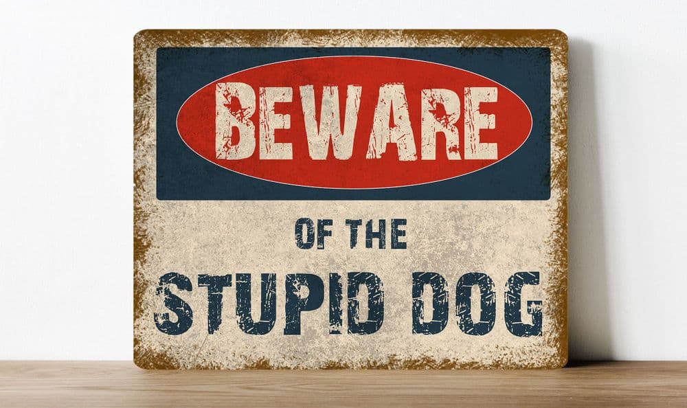 Beware of the grumpy stupid dog humour information Metal Wall Sign