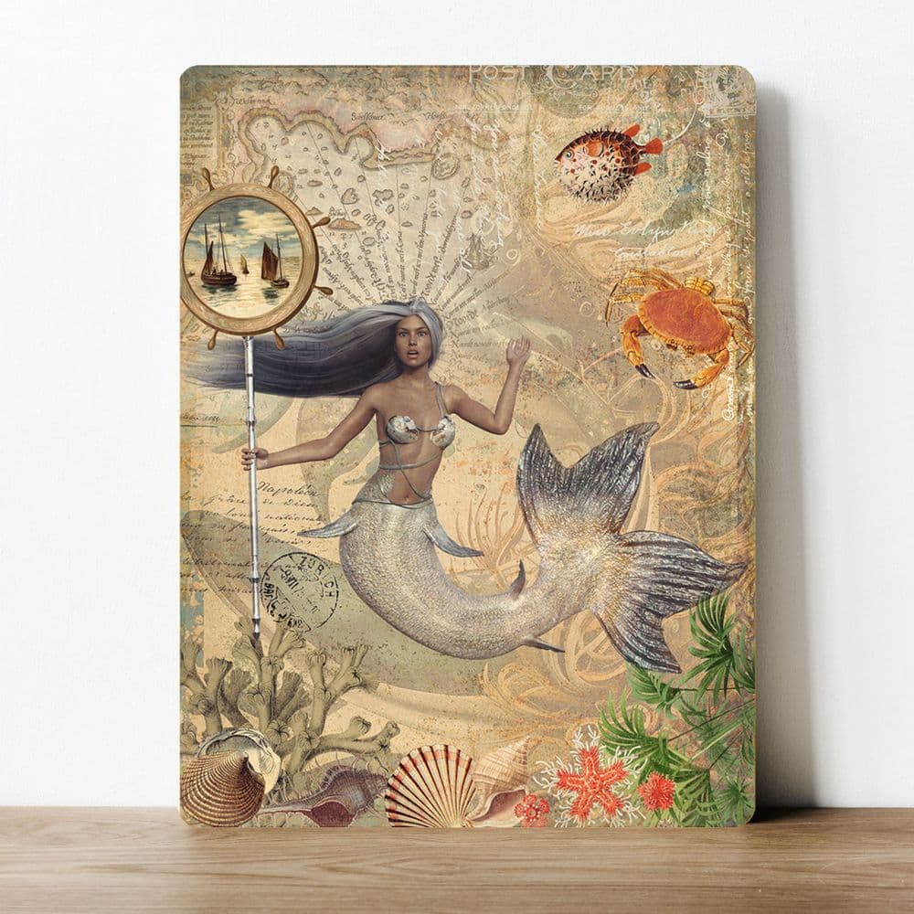 Old Style Mermaid with Staff and Fish Metal Wall Sign