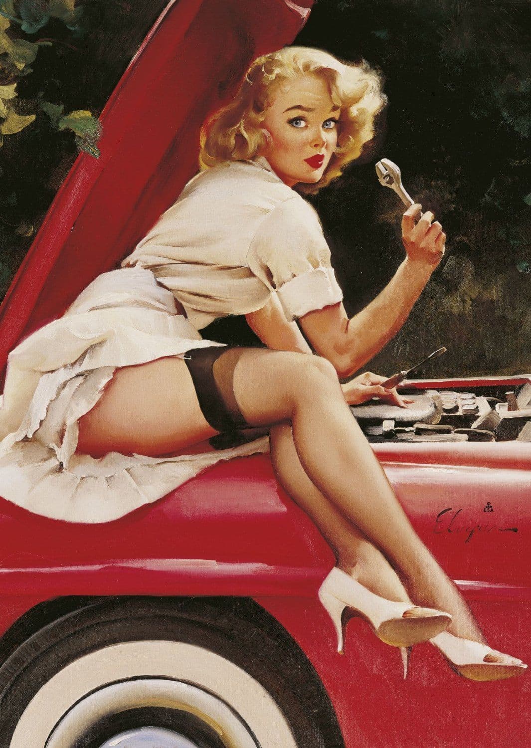 Pinup Girl Garage Car - Metal Plaque Wall Sign