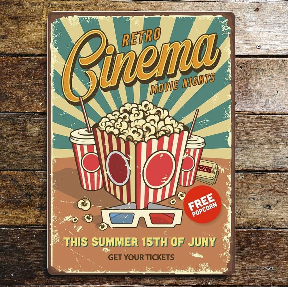 Retro Cinema Movie Night Metal Sign Plaque