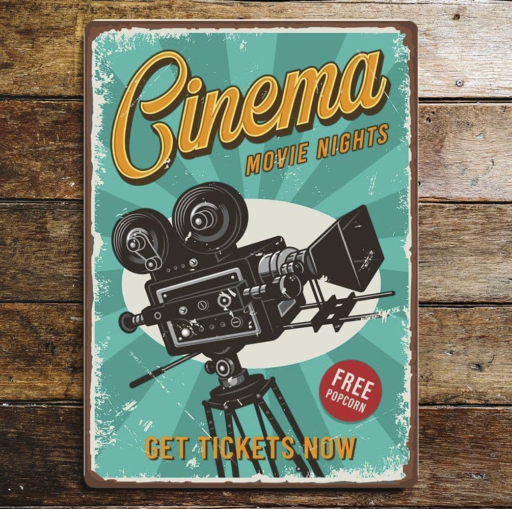 Retro Cinema Movie Night Metal Sign Plaque