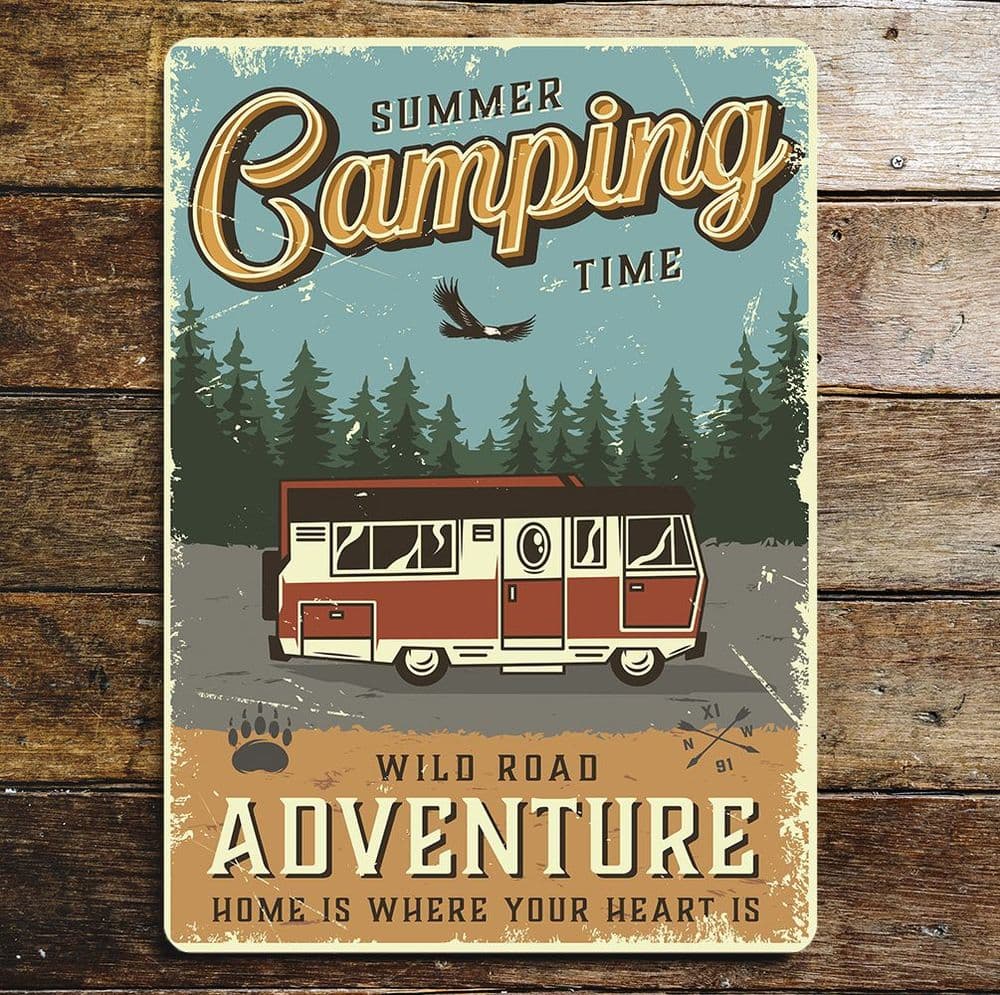 Retro Summer Camping Time Adventure - Metal Wall Sign Plaque