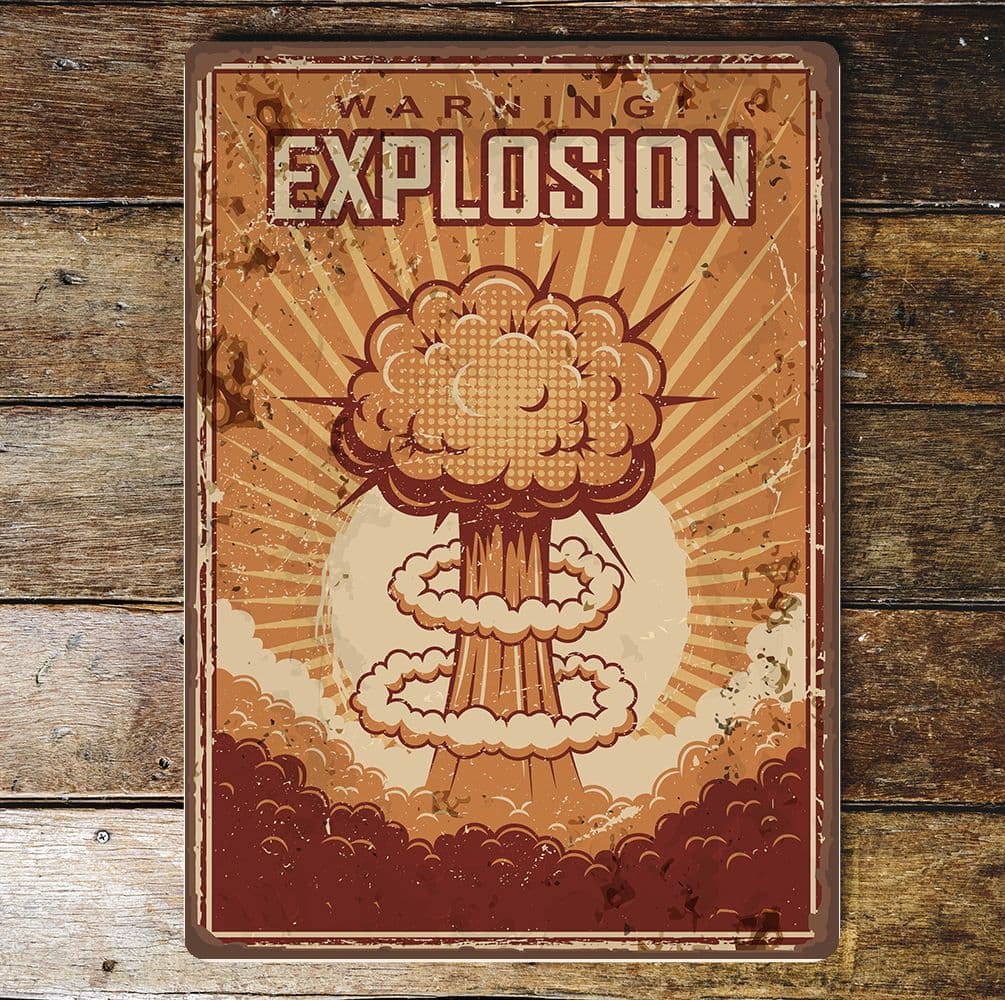 Retro Warning Explosion - Metal Wall Sign Plaque