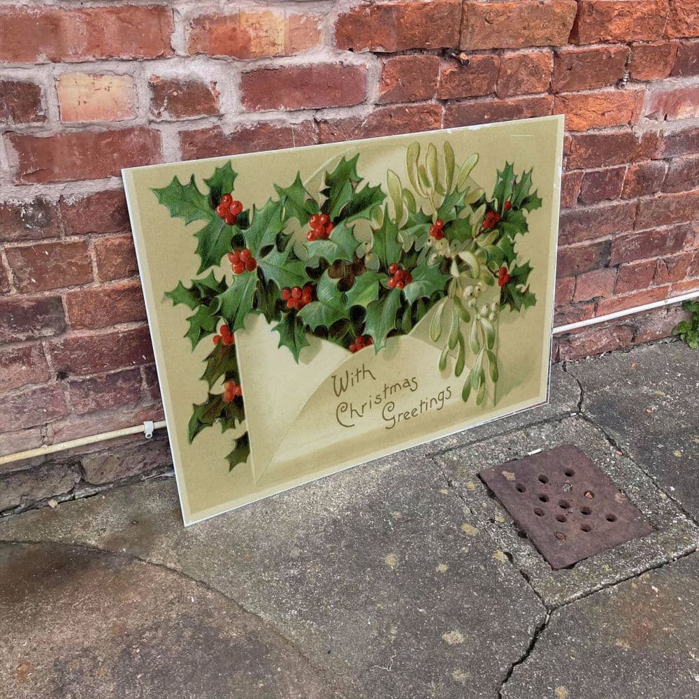 Vintage Christmas Holly Telegram - Metal Wall Sign