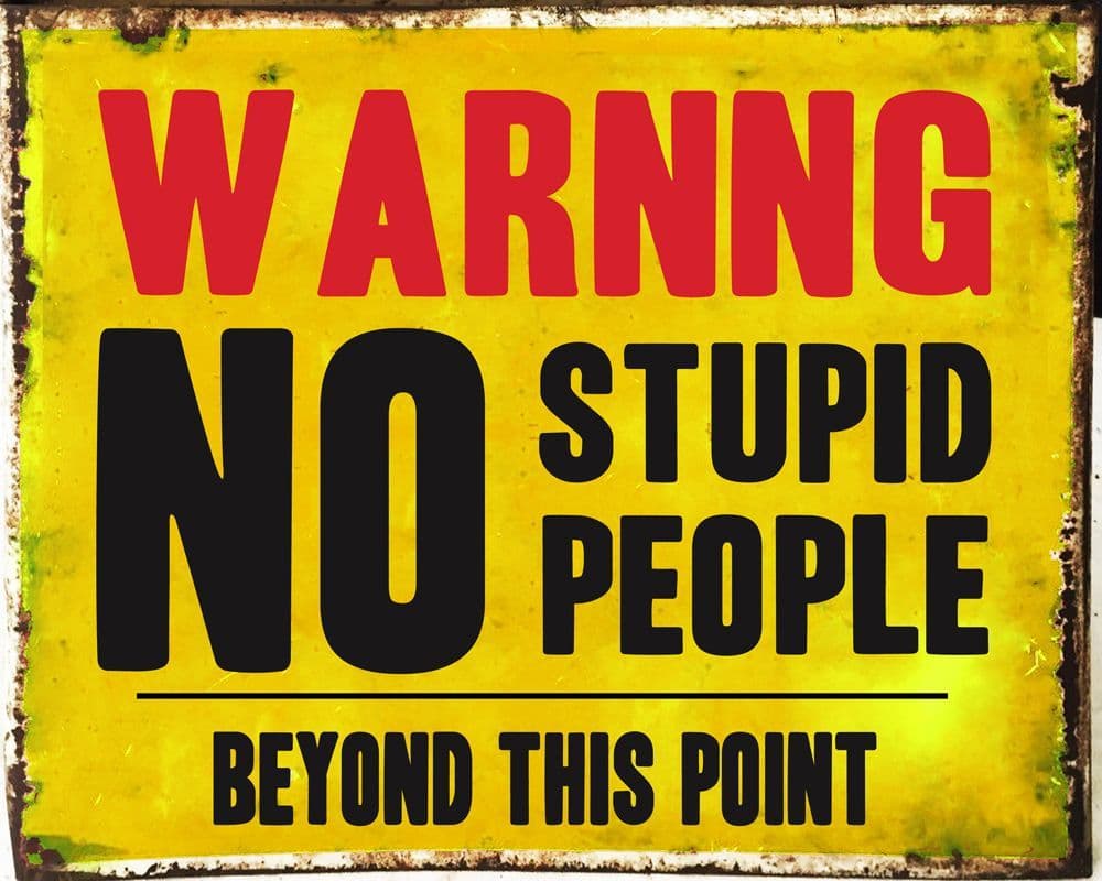 Warning No Stupid People Beyond This Point - Metal Advertising Wall Sign