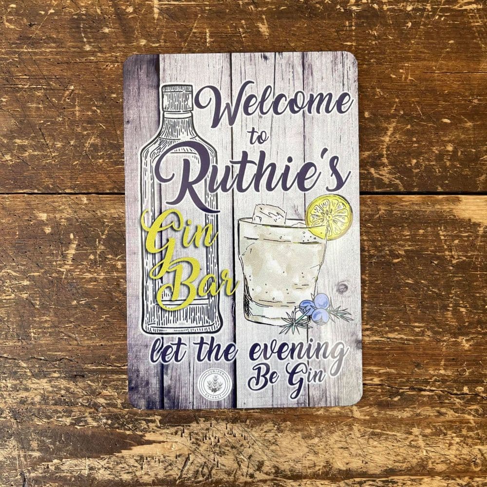 Welcome to Name Gin Bar let the evening be gin - Metal Wall Sign