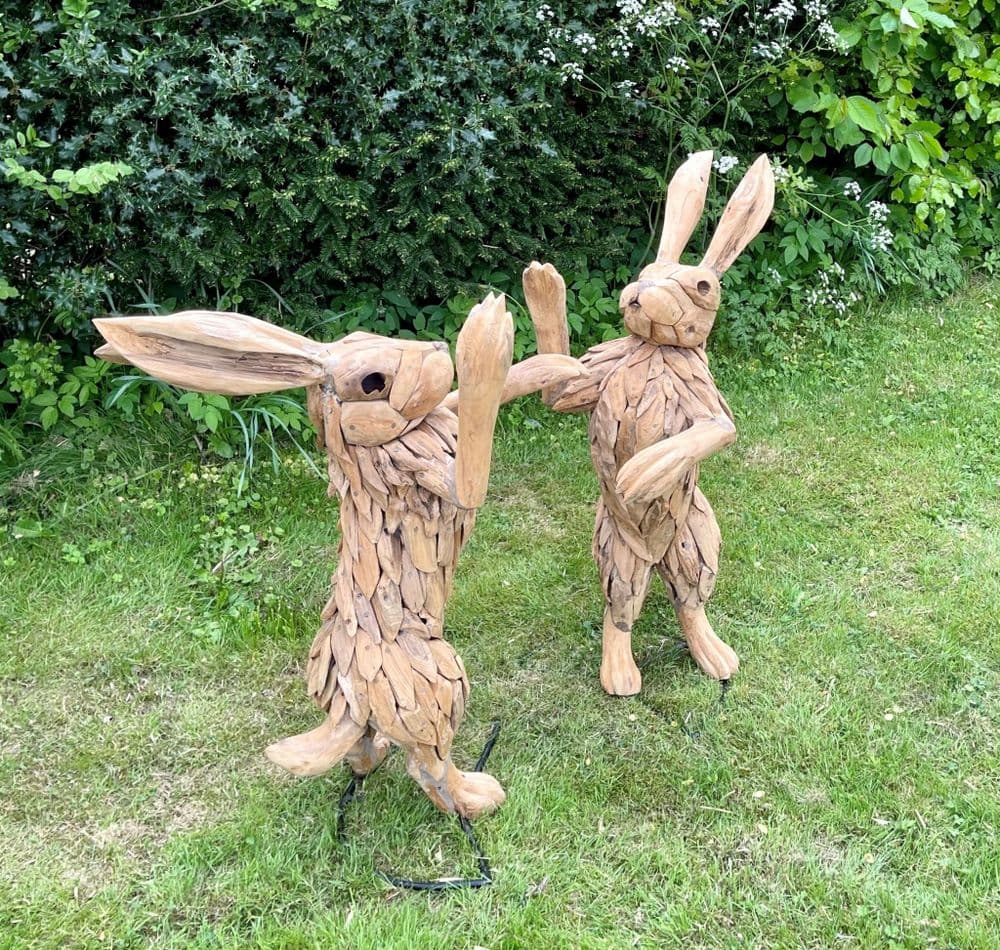 Hand Crafted Teak Wood Boxing Hares