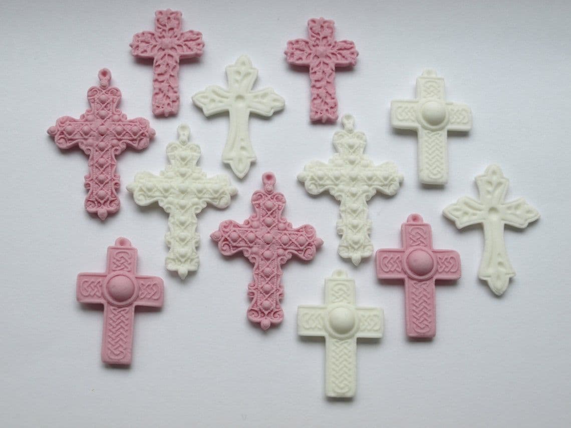 12x Edible Cross Pink & White Christening Baptism Cupcake Cake Toppers ...