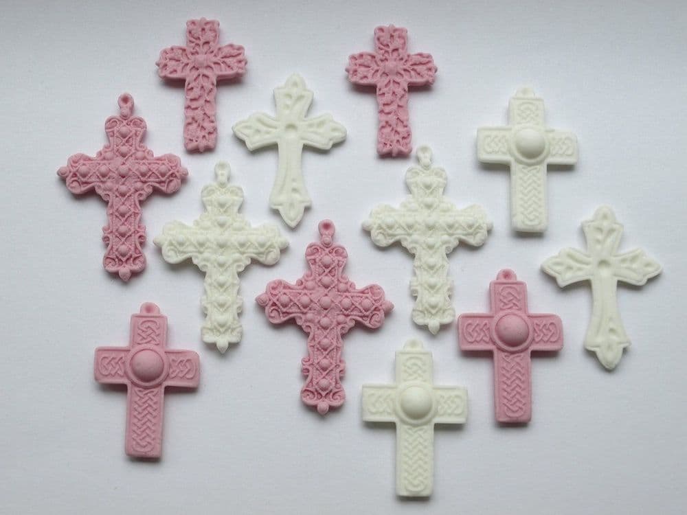 12x Edible Cross Pink & White Christening Baptism Cupcake Cake Toppers ...