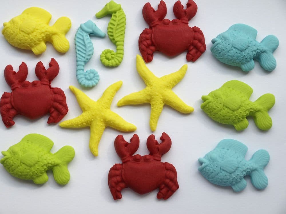 12x Under the Sea Party Fish Crab Seahorse Fondant Edible Cupcake Cake ...