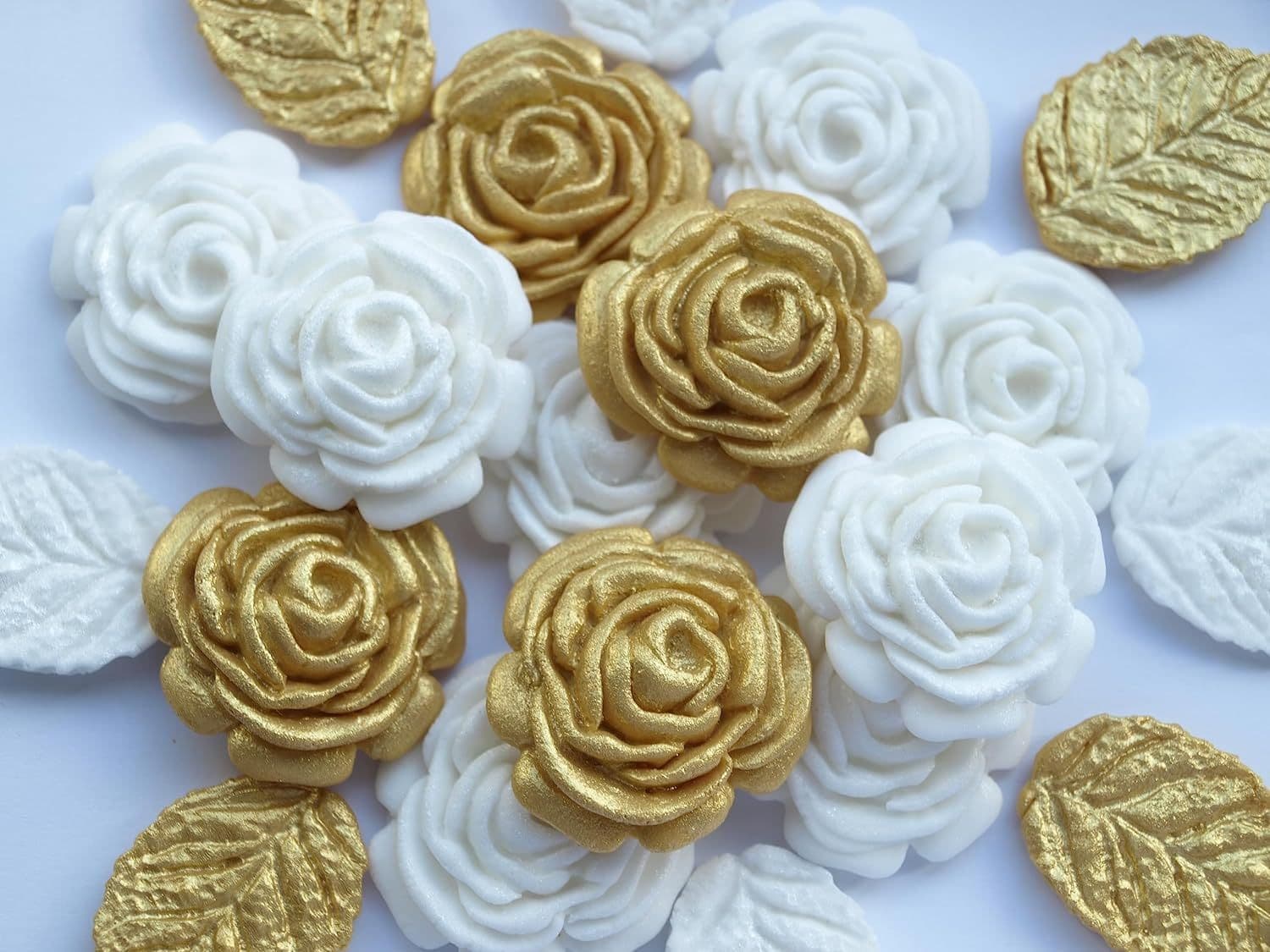 12x White Gold Roses Leaves Cake Toppers Edible Birthday Christening ...