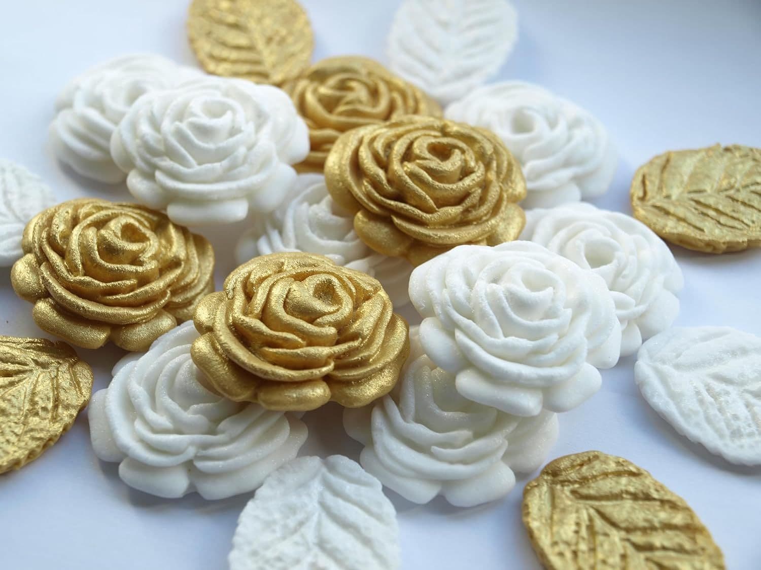 12x White Gold Roses Leaves Cake Toppers Edible Birthday Christening ...
