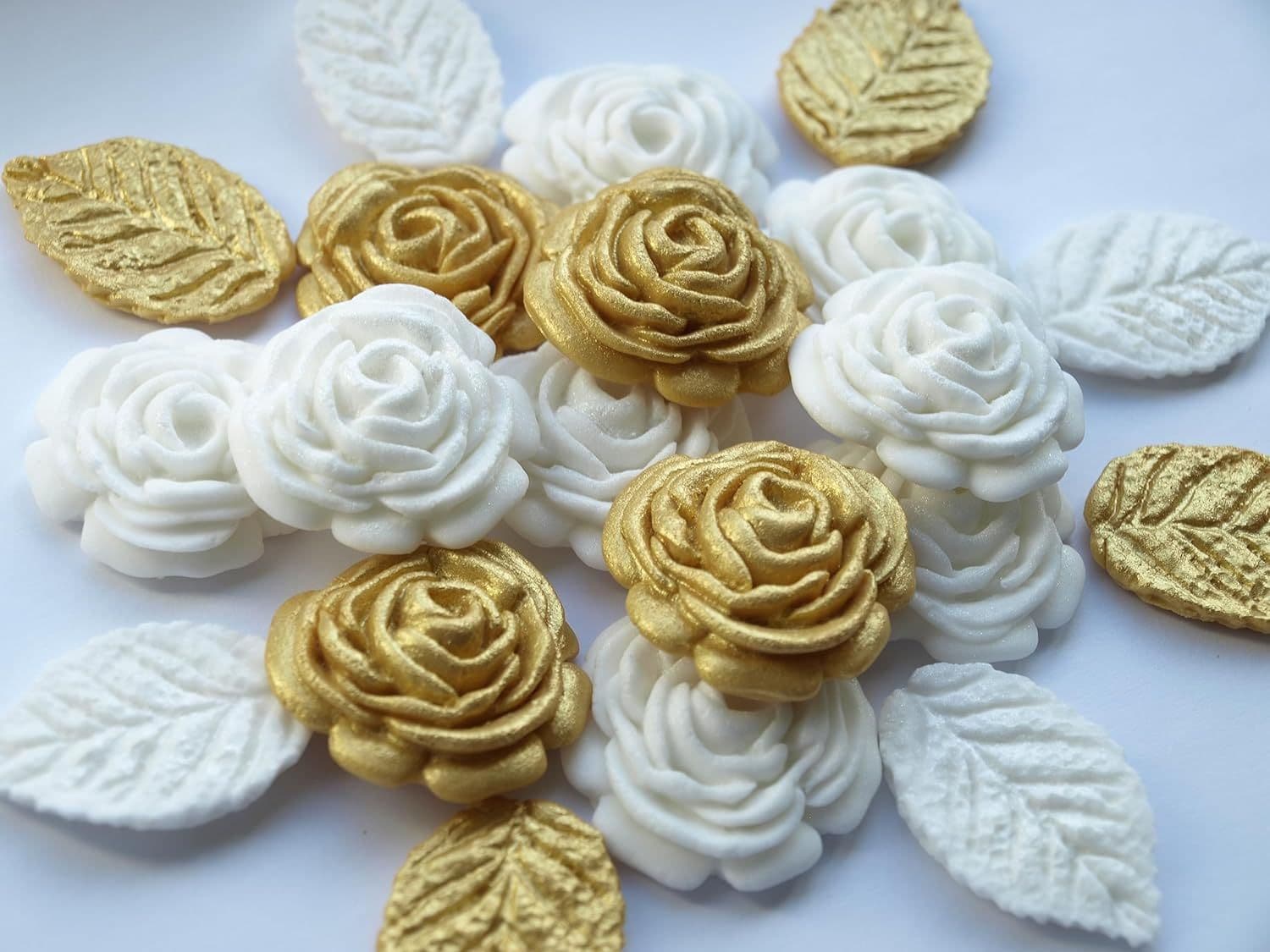 12x White Gold Roses Leaves Cake Toppers Edible Birthday Christening ...