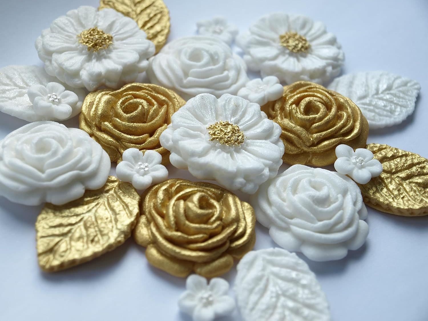 21x Edible Gold and White Roses & Leaves Cake Toppers - Perfect for ...
