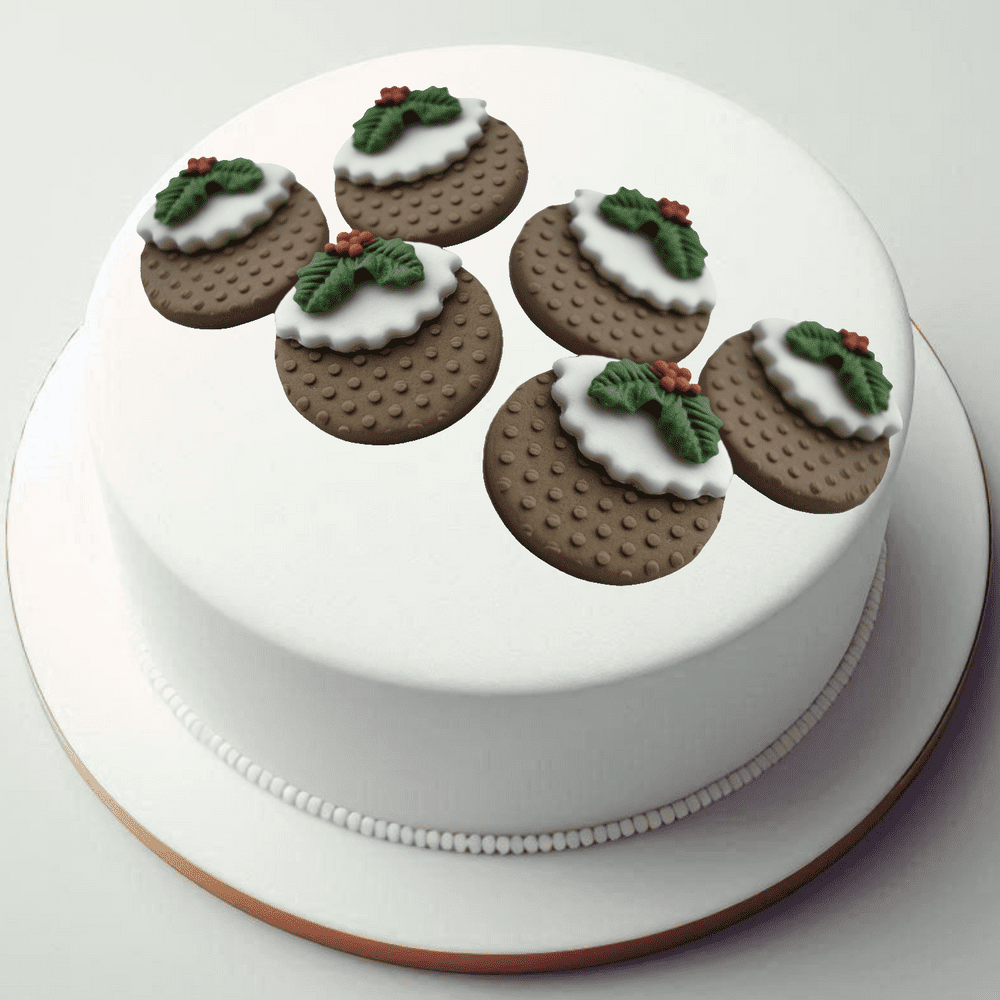 6x Christmas Pudding Xmas Party - Fondant Edible Cupcake Cake Toppers