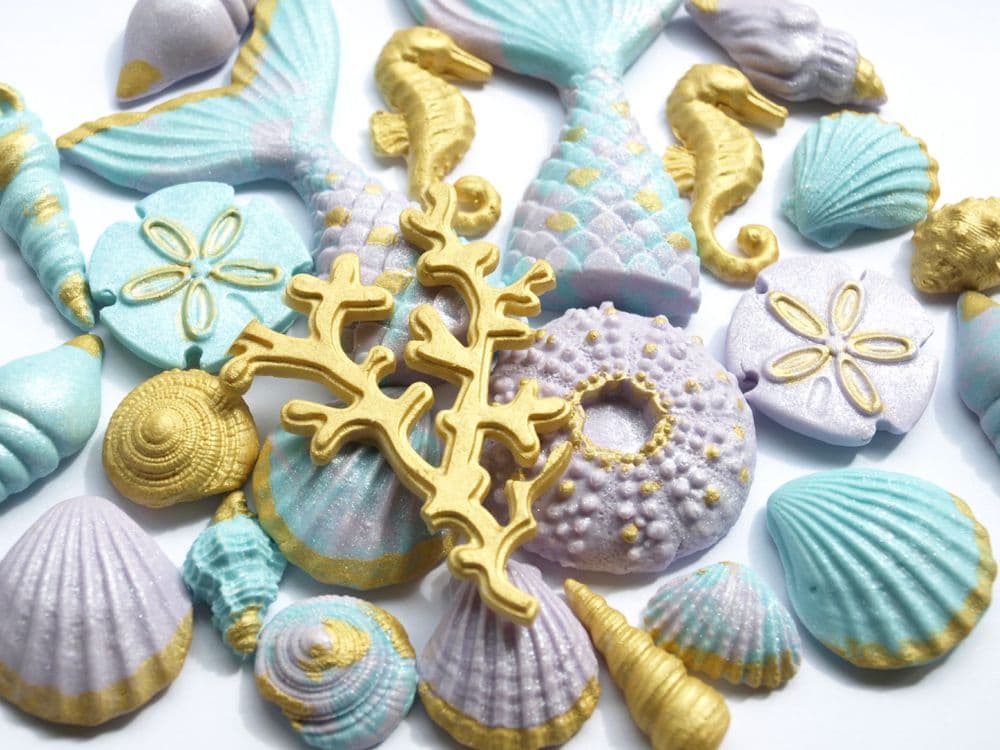 Edible Mermaid Tail Seashells Coral & Seahorse - Fondant Cake Topper ...