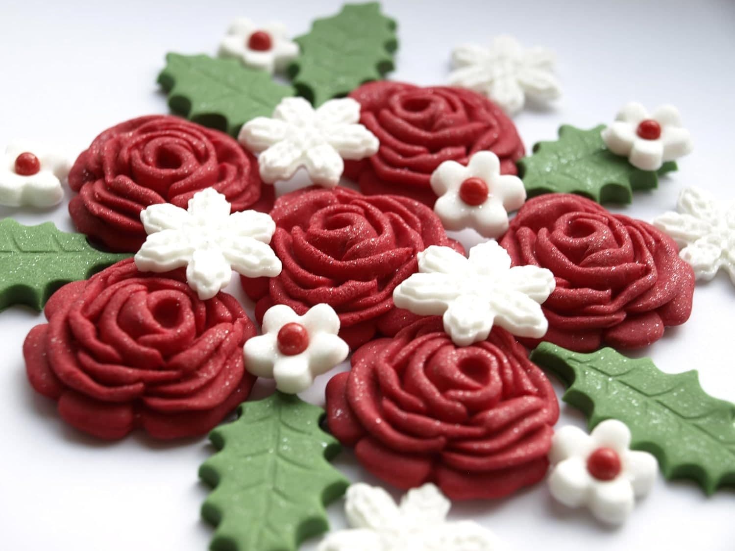 Handmade 24x Red Roses & Holly Leaves Edible Christmas Cake Toppers ...
