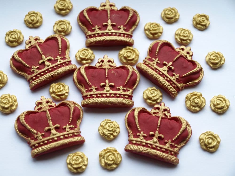 Royal Celebration 6x Red Crown Cake Toppers & 20 Gold Sugar Roses ...