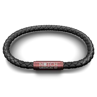 Medical ID Premium Black Leather Notch Bracelet