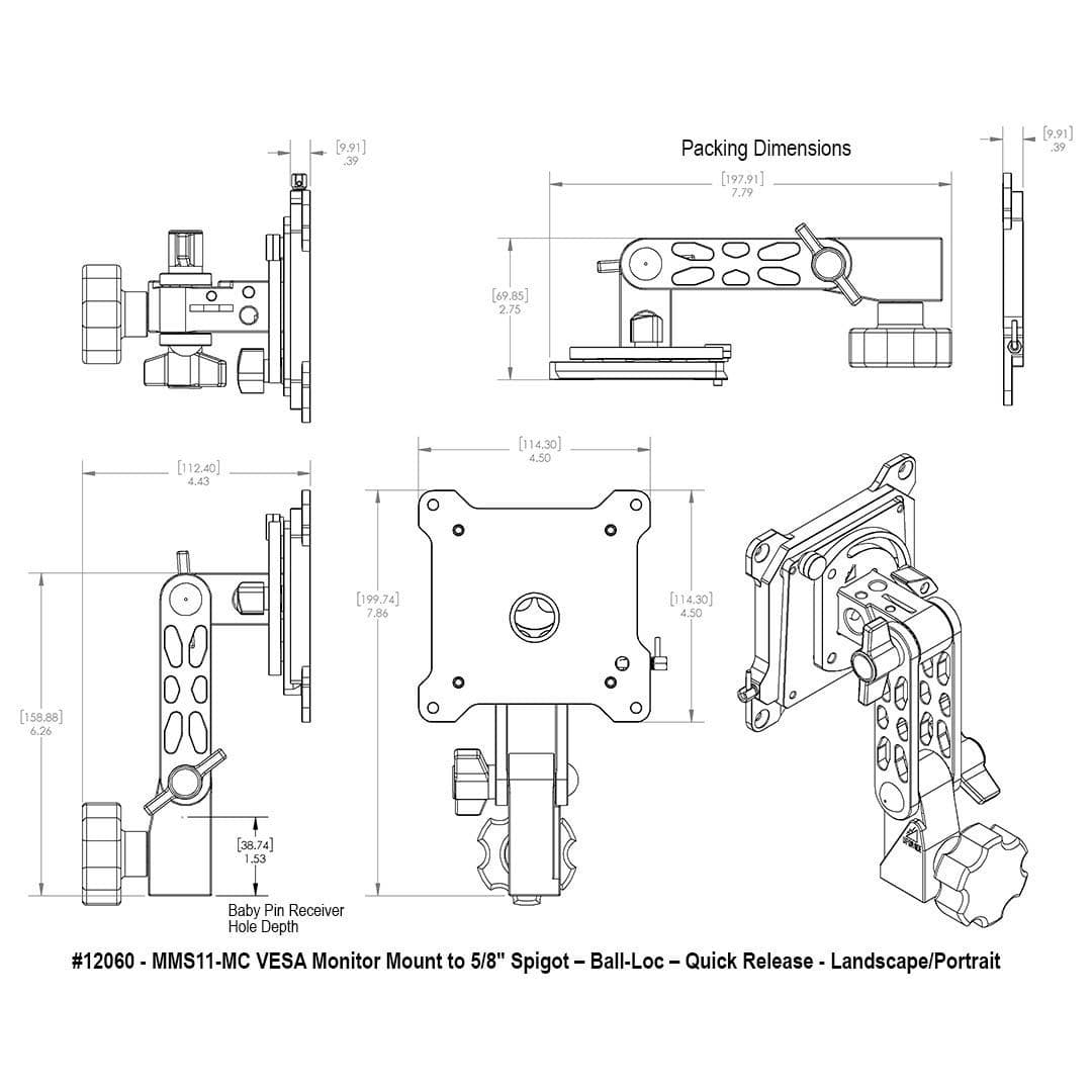 MMS11-MC VESA Monitor Mount to 5/8in Spigot - Twin-Ball-Loc - QR-L/P