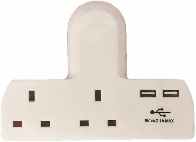 2 Way Gang Multi Plug Extension Mains Socket Adapter with 2x USB Charge ...