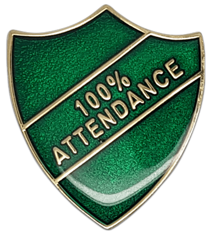 100 Attendance Shield Green Pin Badge