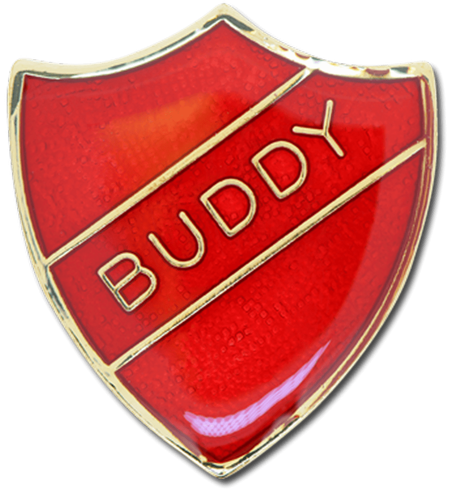 Buddy Red Shield Pin Badge