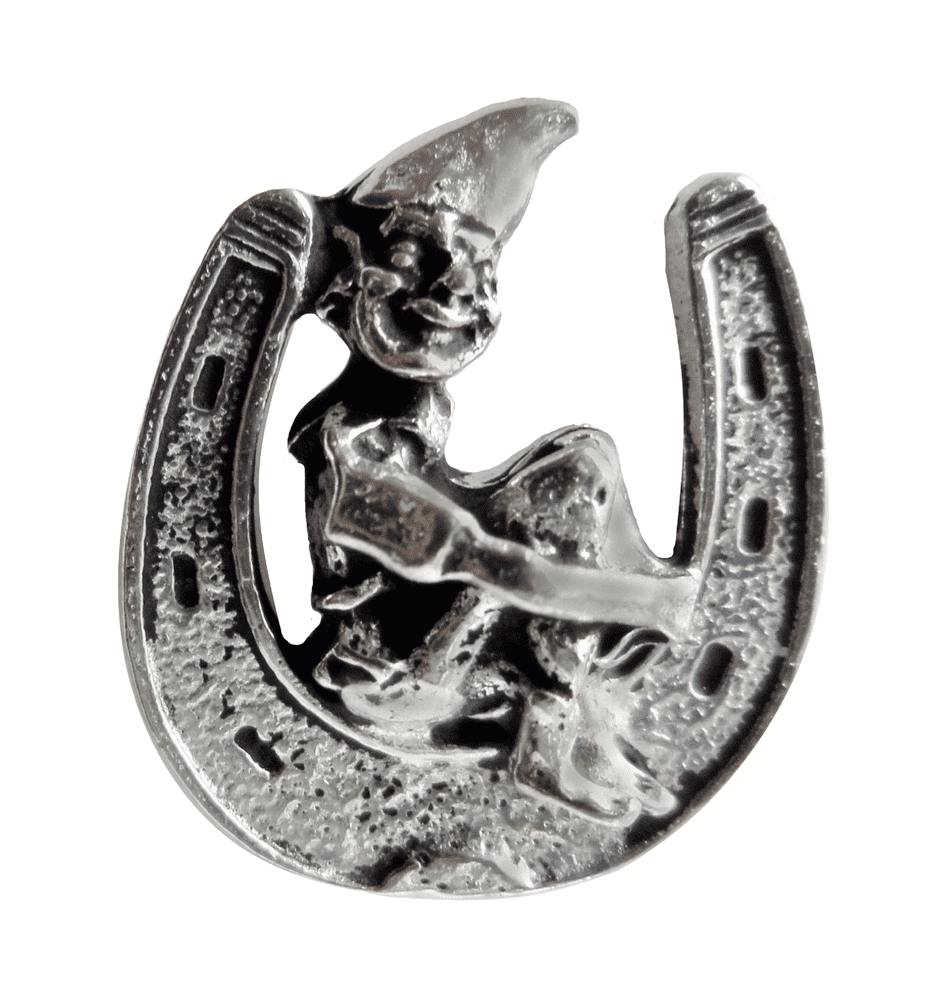 Cornish Pixie Piskey on Horseshoe Pewter Pin Badge - Hand Made in Cornwall