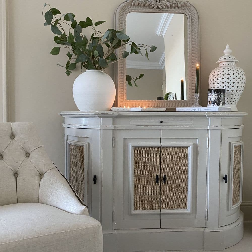 Nordic Gustavian Rounded Sideboard with Rattan Effect Doors