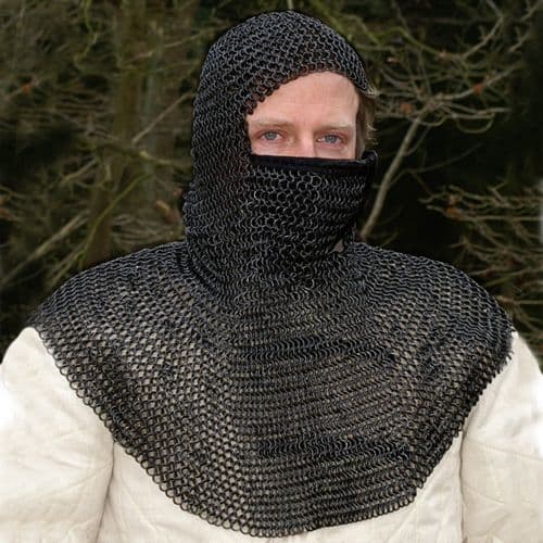 Chainmail Coif Triangular Mouth Guard Blackened Finish 8mm I D