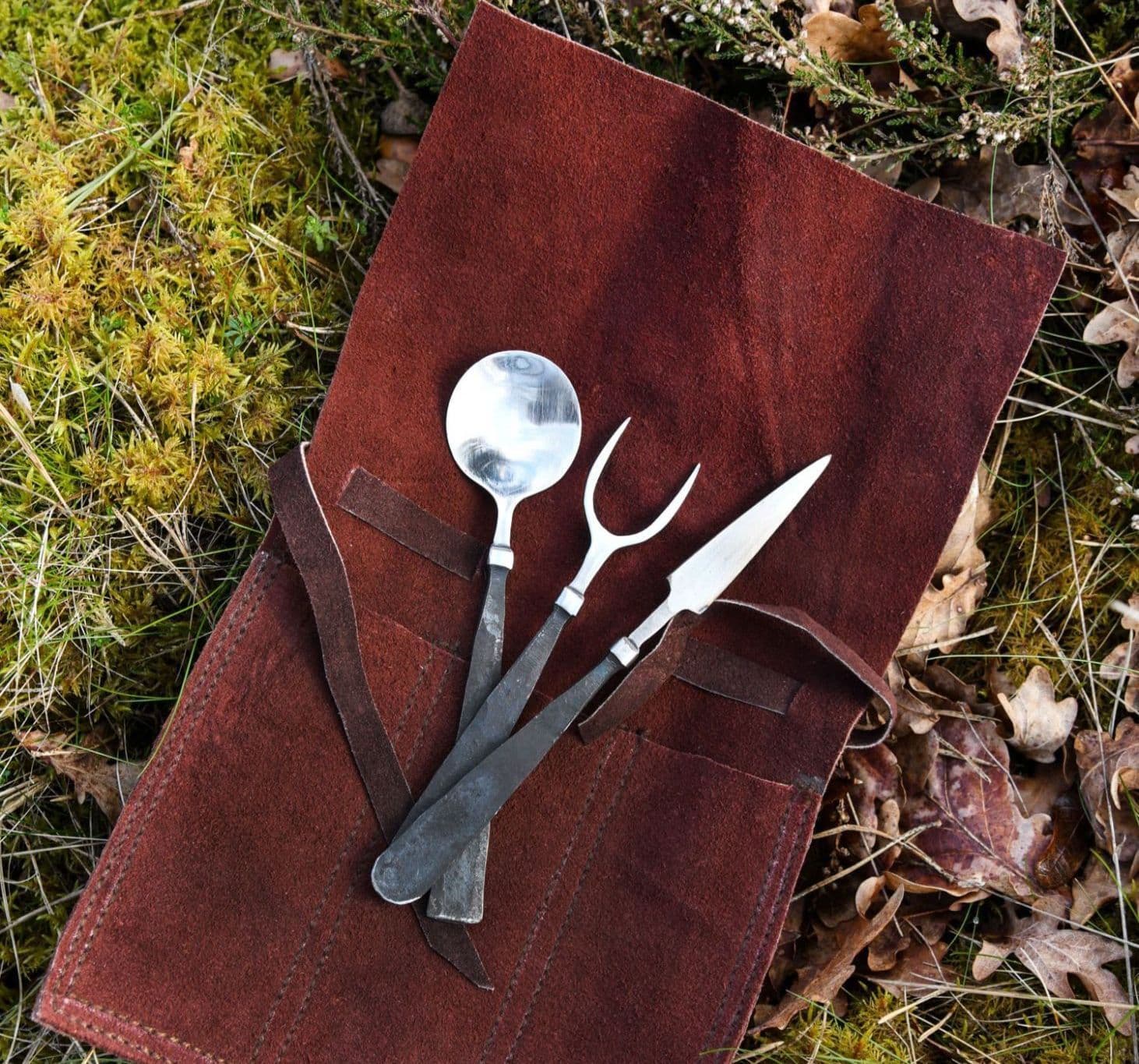 Medieval 3-Piece Cutlery Set Hand Forged With Leather Pouch