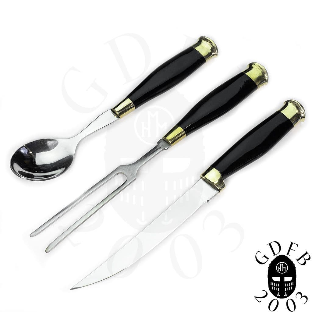 Three Piece Cutlery Set With Leather Sheath and Horn Handles