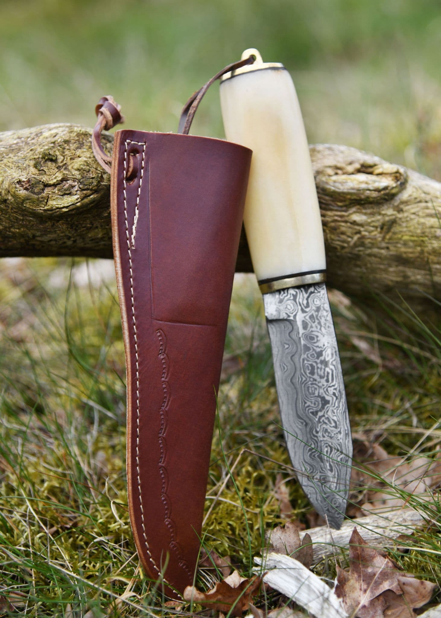 Utility Knife Bone Handle and Leather Sheath Damascus Steel