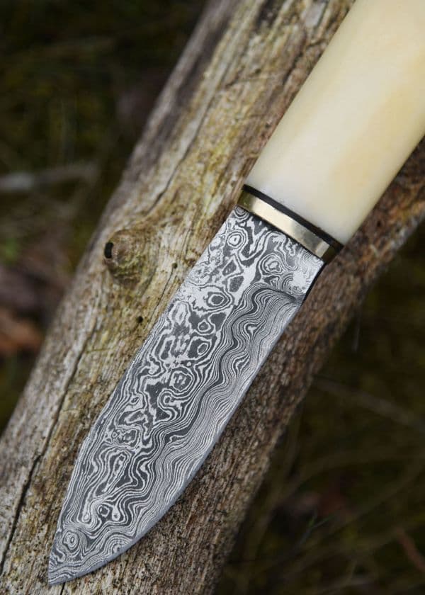 Utility Knife Bone Handle and Leather Sheath Damascus Steel