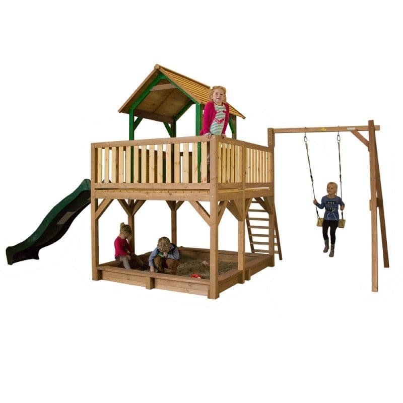Jumbo Jungle Lookout Playhouse With Sandpit Wavy Slide and Swing