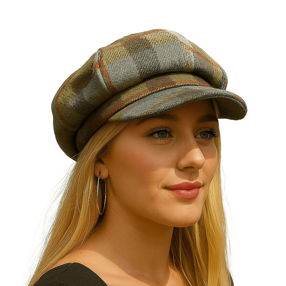 Tweed Baker Boy Hat Newsboy Cap Olive Check Hat