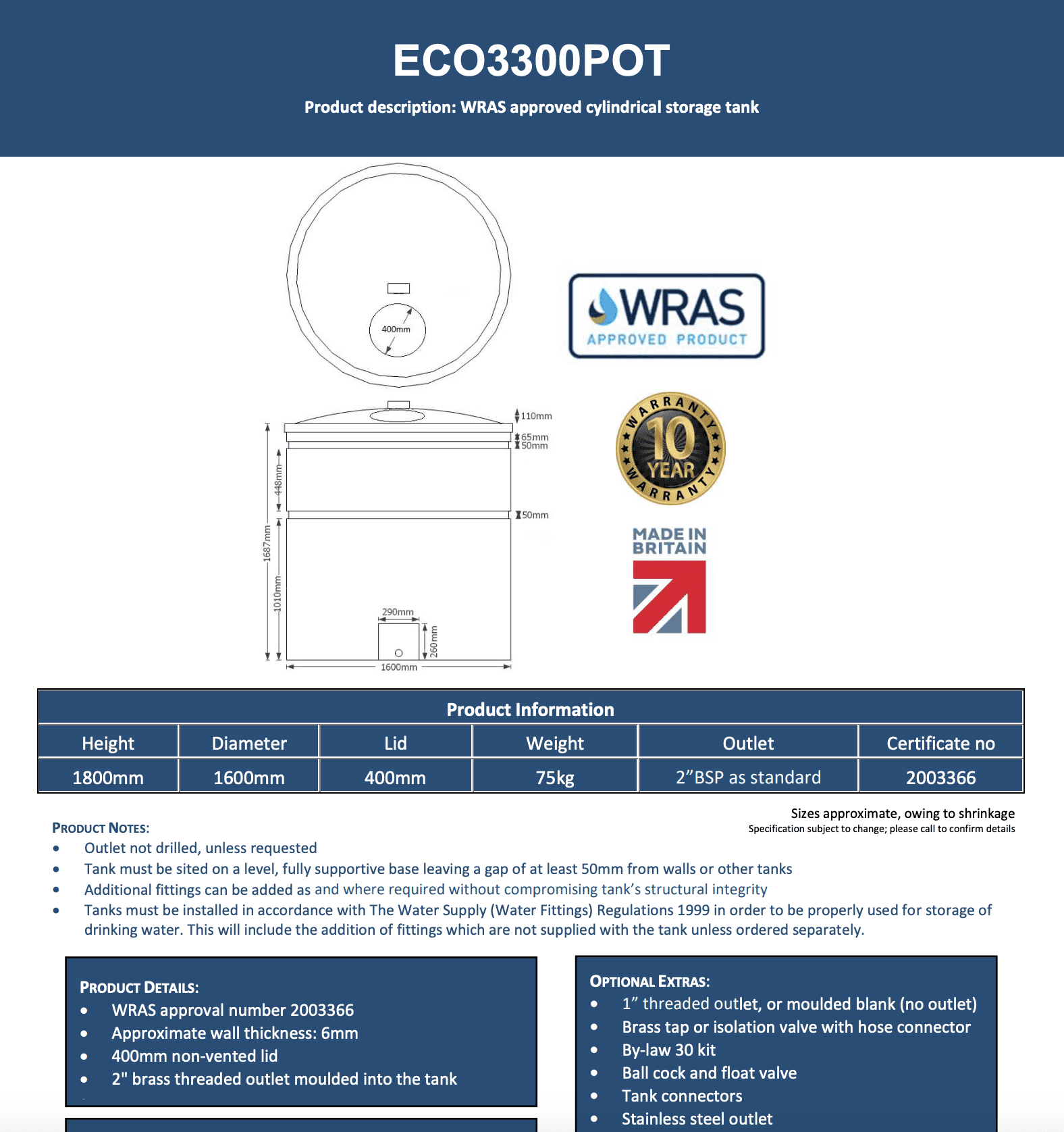 3000 Litre WRAS Approved Water Tank