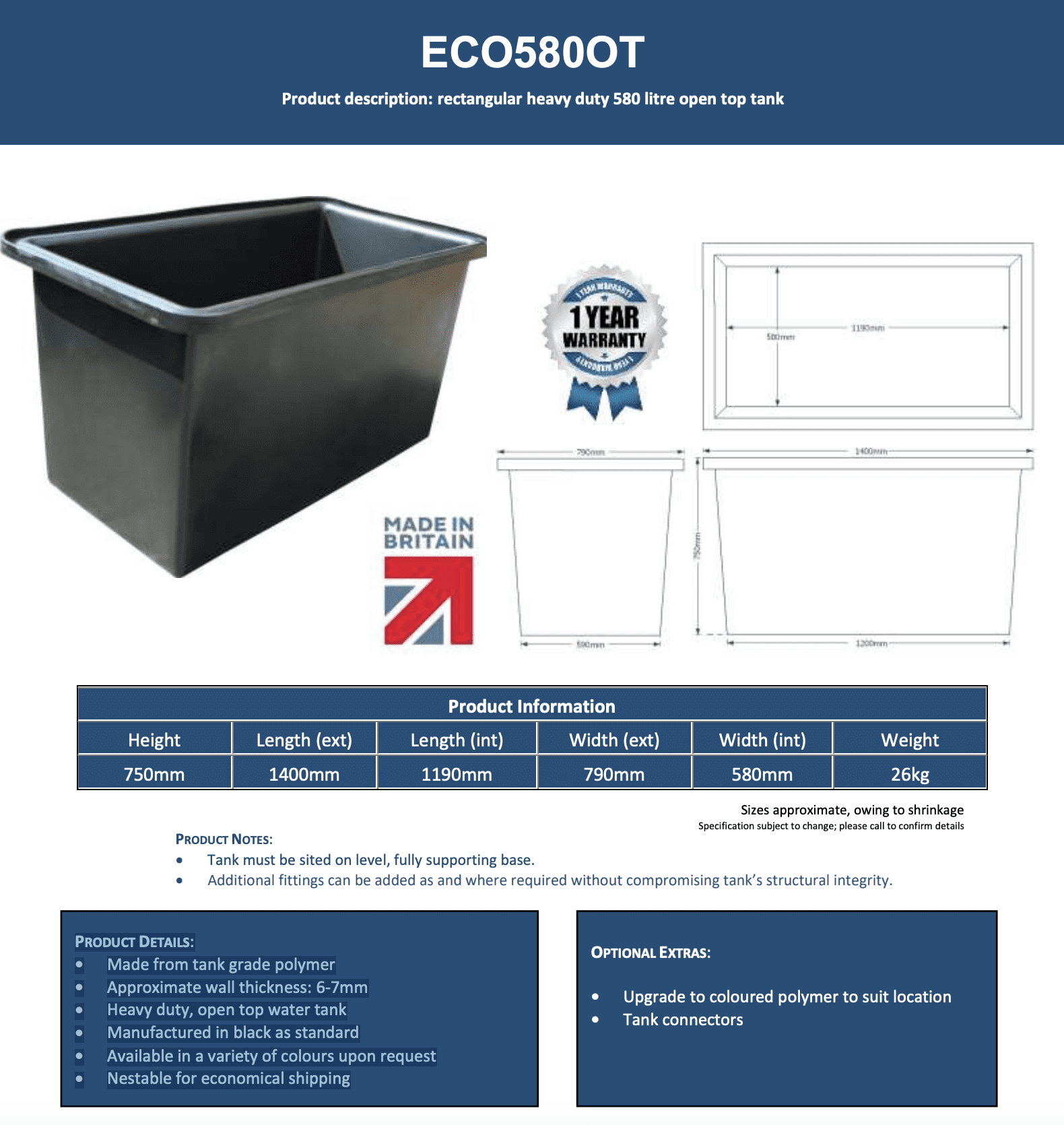 580 Litre Open Top Water Tank - Black