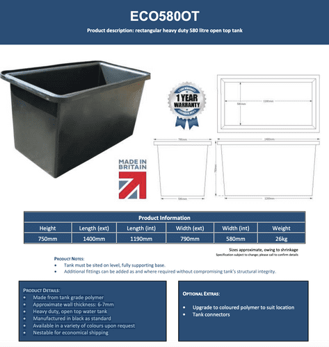 580 Litre Open Top Water Tank - Black